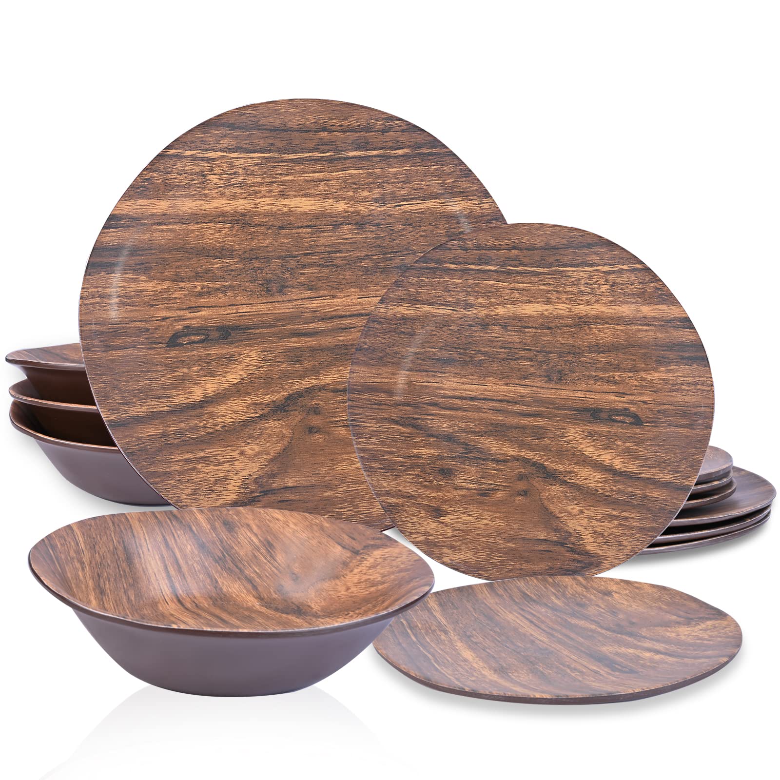 Melamine Dinnerware Sets Clearance - 12 pcs Melamine Plates Indoor and Outdoor use Wood Grain Plates and Bowls Dinnerware Sets Summer Fall Camping Dish Set for 4 Dishwasher Safe (Brown)