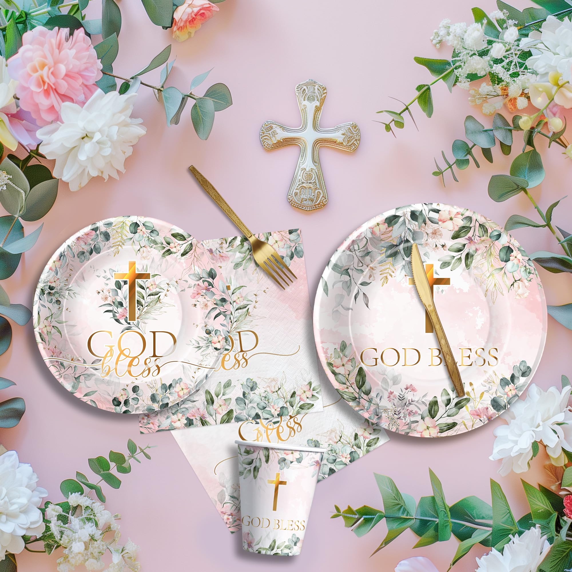 Suhelkit God Bless Baptism Decorations Tableware Girl - First Communion Decorations Supplies, Plate, Cup, Napkin, Fork, Baptism Plates And Napkins Set For Christening Baby Shower Religious | Serve 24