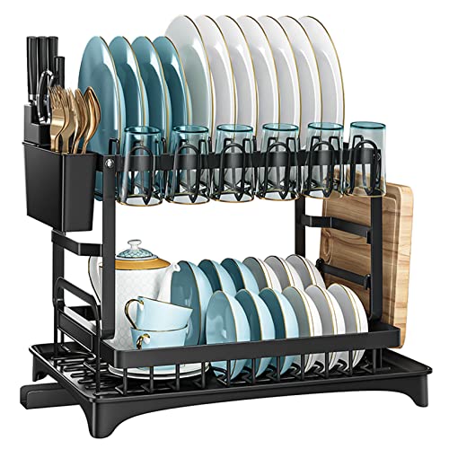 Makayla Dish Drying Rack - Rustproof, 2 Tier High Capacity and Solid Design, Metal Kitchen Counter and Cutting Board Organizer, Drainboard, Knife Cup Utensil Holder, Black