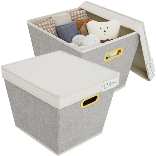 LoforHoney Home Trapezoid Fabric Storage Bins with Lids for Organizing, Foldable Storage Boxes with Lids for Shelves, Closet Storage Bins, Light Gray & Beige, 2-Pack