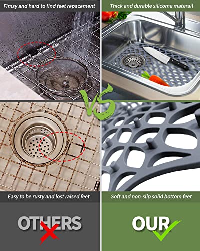 Silicone Sink Mat - Sink Protectors for Kitchen Sink Kitchen Sink Protector Grid Accessory Folding Non-slip Sink Mats Sink Rack for Bottom of Sink(1Pack - Rear Drain Mat - Grey,13.58 ''x 11.6 '')