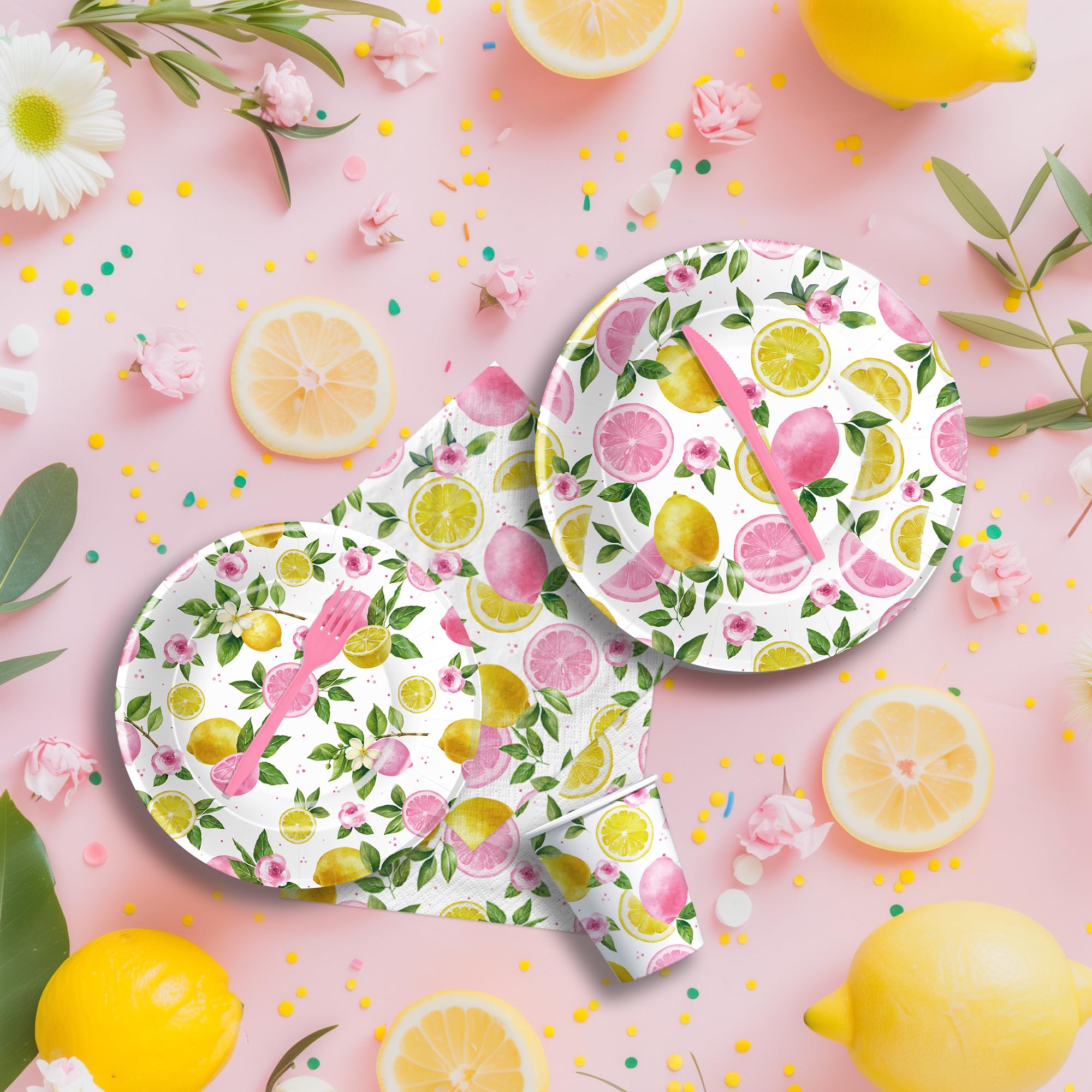 Suhelkit Lemon Party Decorations Tableware For Girls - Lemon Birthday Party Supplies, Plate, Napkin, Cup, Cutlery, Summer Pink Lemon Baby Shower Bridal Shower Table Decorations Dinnerware | 24 Guests
