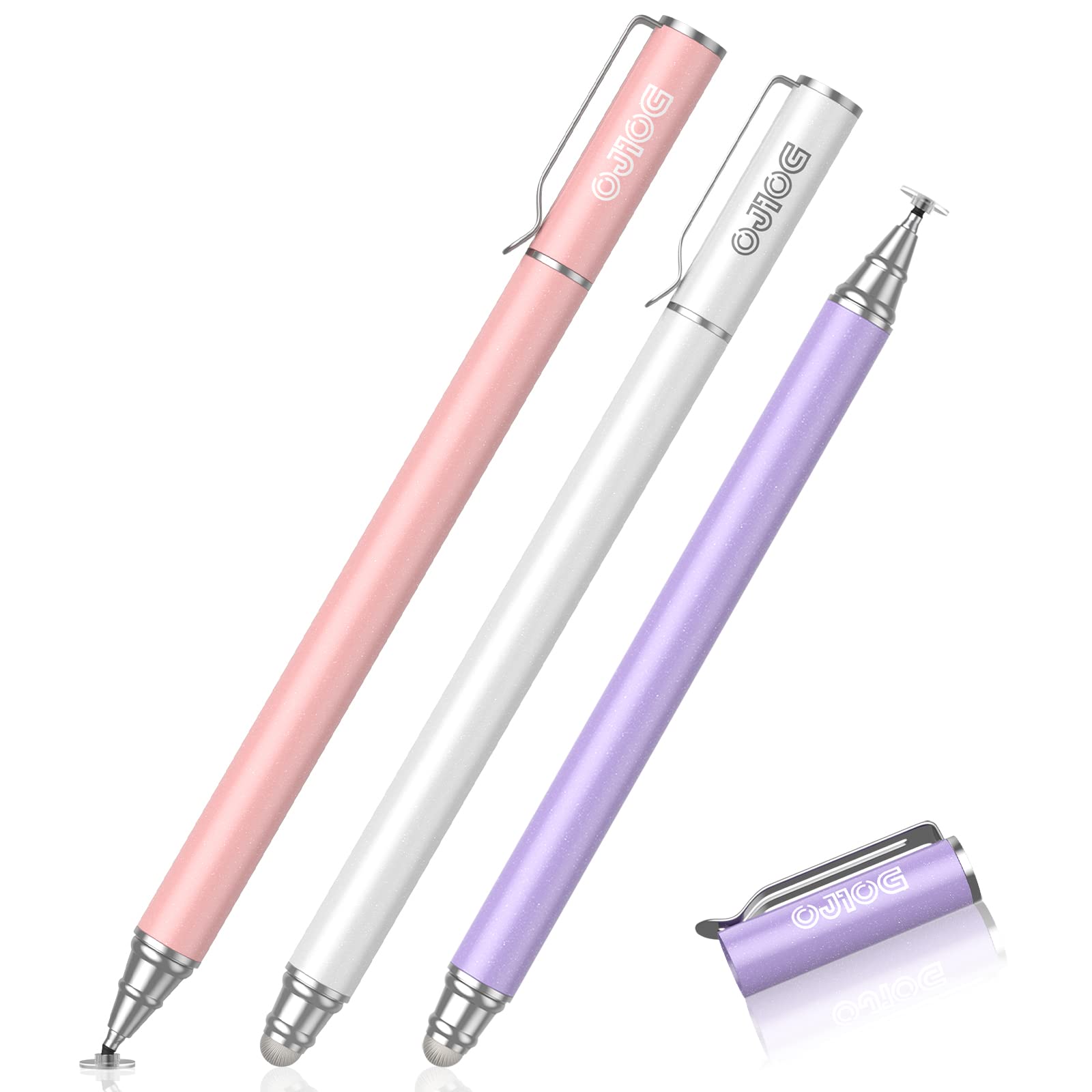 Stylus Pens for Touch Screens (3 Pcs), 2 in 1 Stylus Pen for iPad High Sensitivity & Precision Capacitive Stylus Compatible with Apple iPhone, iPad, Android, Tablets, Samsung (White/PK/Purple)