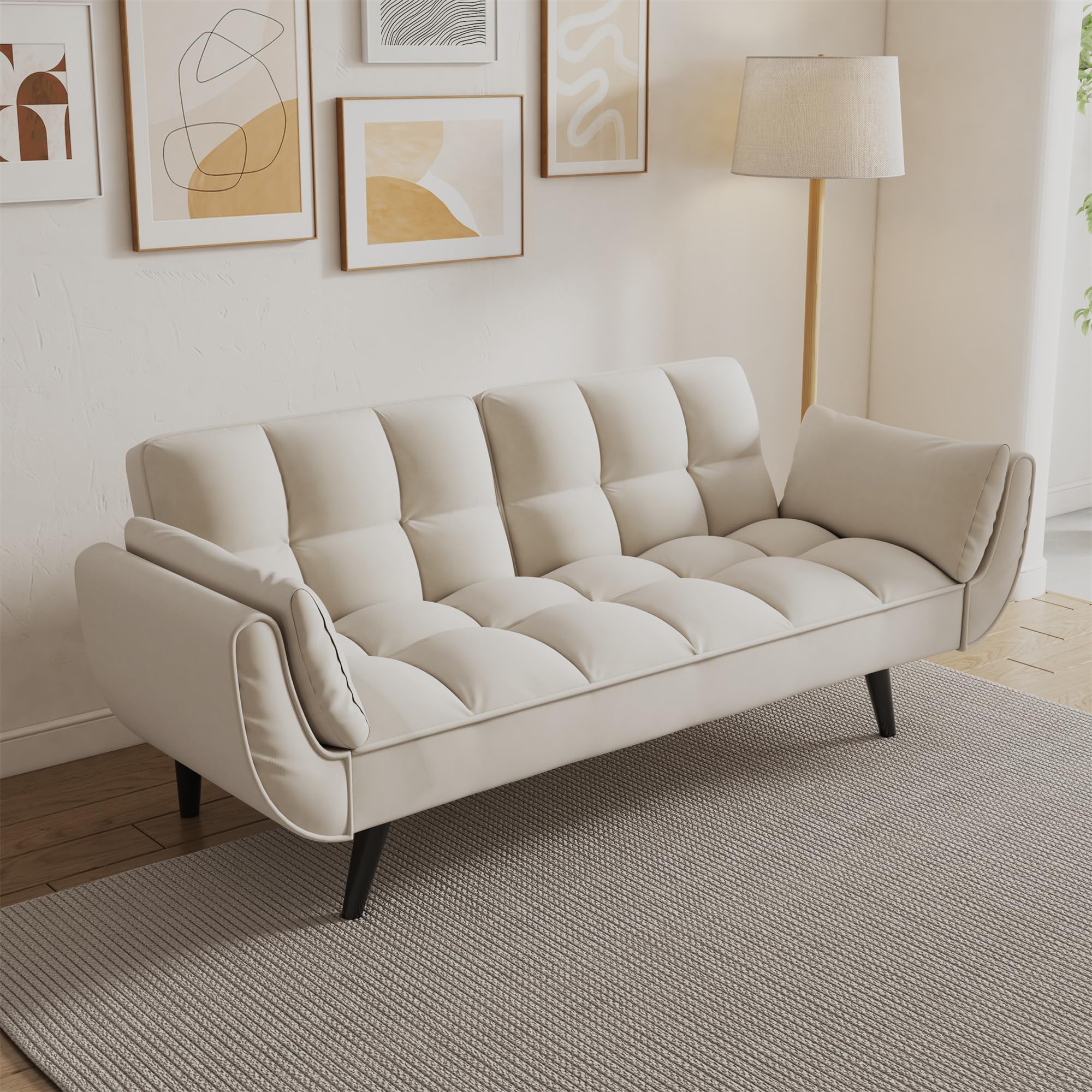 Sunkea 57'' Futon Sofa Couch Bed, Comfy Velvet Upholstered Loveseat, Convertible Sleeper Sofa Cama with Adjustable Backrest, with 2 Armrests Throw Pillow, Couches for Living Room, Beige