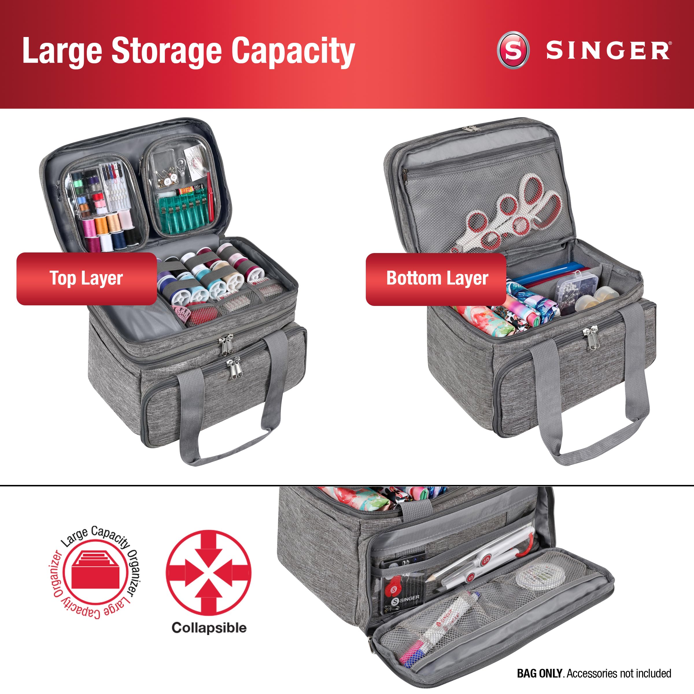 SINGER Sewing Accessories Organizer (Bag Only) β Double Layer Portable Sewing Storage Bag | 2 Detachable Pouches and 18 Compartments, Large Sewing Supplies & Crafting Carry-all (Gray)