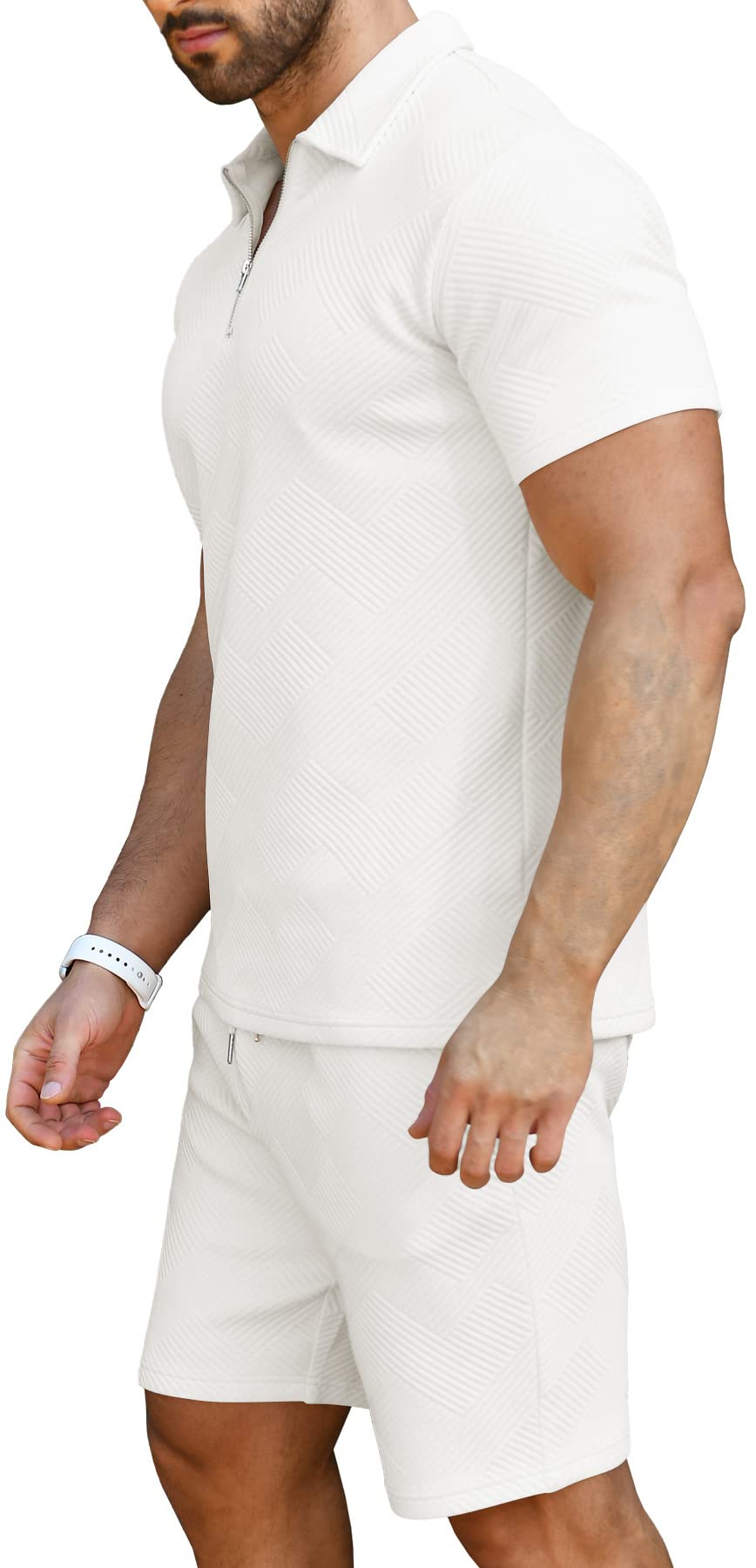 KUYIGO Men's Polo Shirt and Shorts Set Summer White Beach Outfits for Men2 Piece Tracksuit White 3XL