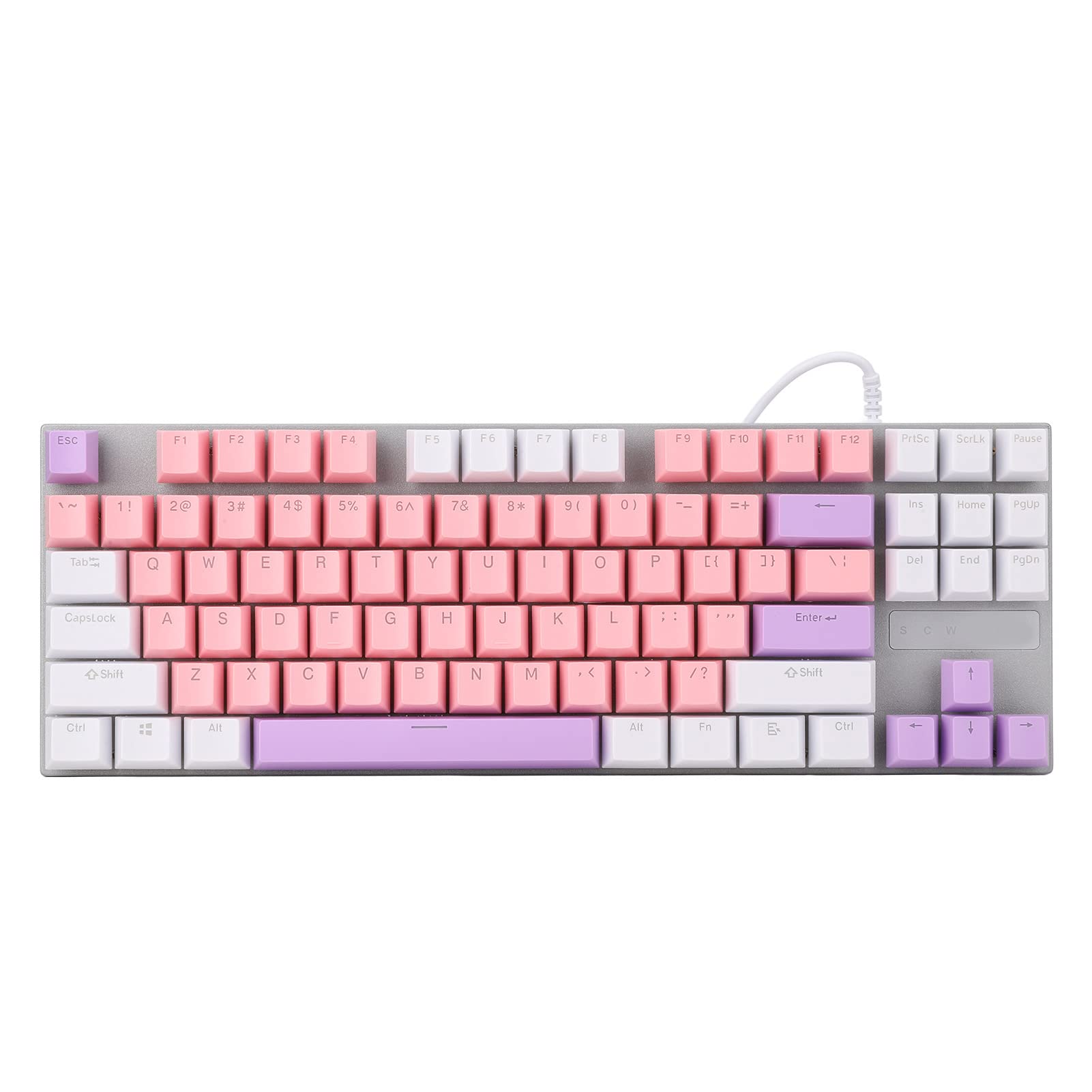 Septpenta Red Switch Mechanical Keyboard, 26 RGB Lighting Effects, Conflict Free Design, Splash Proof Drainage Holes, 87 Key Ergonomic Gaming Keyboard(Pink, White and Purple)