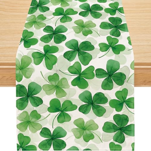 Siilues St Patricks Day Table Runner, Lucky St Patricks Day Decor Green Shamrock Seasonal Spring Holiday Table Decorations for Indoor Outdoor Dining Table Decor (13'' x 72'')