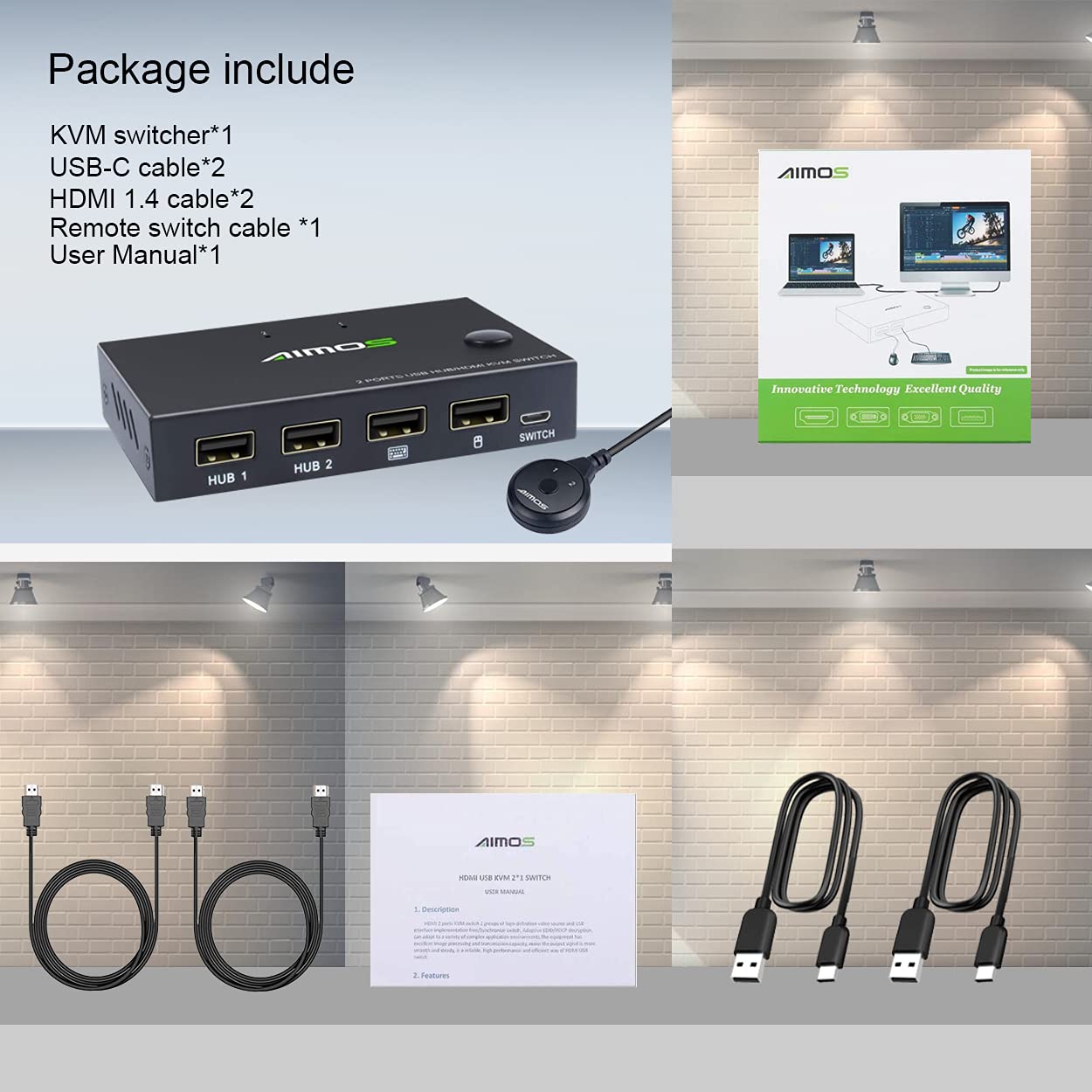 KVM Switch HDMI 2 Port 4K@30Hz,AIMAISHI HDMI and USB Switch with 4 USB 2.0 Ports for 2 Computer Share Keyboard Mouse and 1 Monitor, with 2 HDMI Cable and 2 USB Cable
