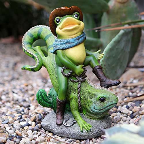 OSROENE Frog Statues Garden Decor, Cowboy Frog Riding Green Lizard Figurine Outdoor Indoor Decoration Animal Statues for Garden Balcony Front Porch Patio Yard