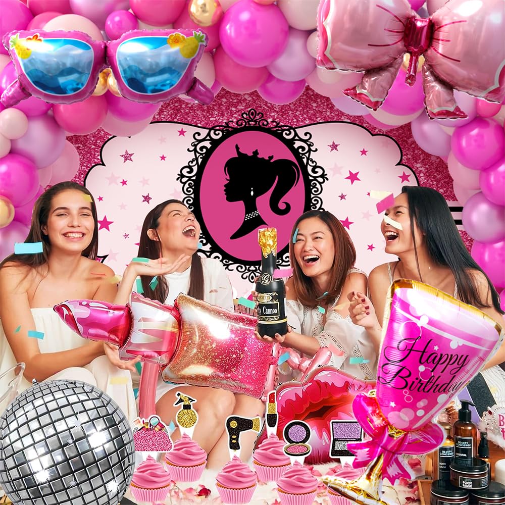 KELENO 137 Hot Pink Party Decorations Birthday Party Supplies Princess Balloon Garland Arch Kit Bow Disco Sunglass Lipstick Balloon Backdrop Tablecloth Baby Shower Bachelorette Girl Birthday Decor