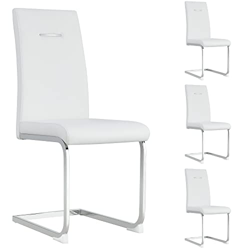 White Dining Chairs Set of 4, Dining Room Chairs, Modern Dining Chairs with Leather Upholstered and High Back Metal Chrome Legs, Sillas De Comedor for Dining Room, Kitchen, Office (White, Set of 4)