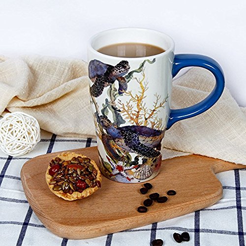Minigift Ceramic Coffee Mug,Travel Cup with Lid,Handmade Milk Mug 16oz-Ocean Turtle