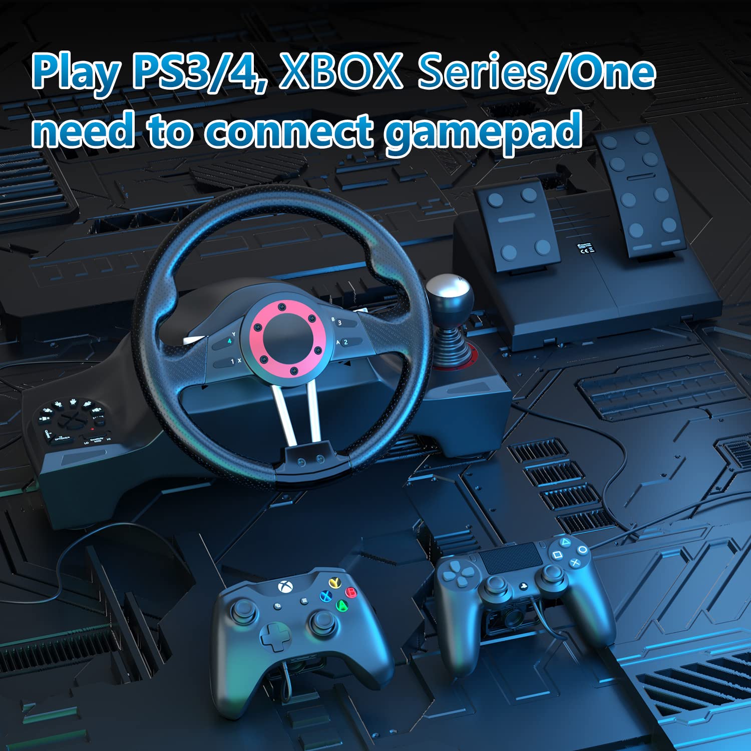 Racing Steering Wheel with Floor Pedals/Shifter and Vibration Leather Steering Wheel Cover for PS4/ PS3/ XBOX One/XBOX Series X|S/Switch/PC Racing Steering Wheel