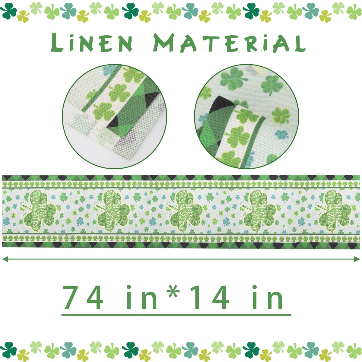 St Patricks Day Shamrock Table Runner 14 x 74 Inch,Pure Linen,Seasonal Spring Holiday Kitchen Dining Table Decoration for Home Decorations, Party, Dinner and Gatherings