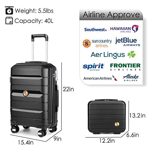 Somago 2 Piece Luggage Set Carry On Suitcase 20 INCH Lightweight Hard Shell PP Suitcase with TSA Lock Spinner Wheel 22x14x9 Airline Approved (Classic Black)