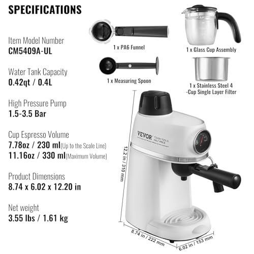 VEVOR Espresso Machine, 3.5 Bar Espresso Maker with Milk Frother Steam Wand, 4-Cup Professional Coffee/Espresso Machine with Temp Gauge for Latte Cappuccino, NTC Control System