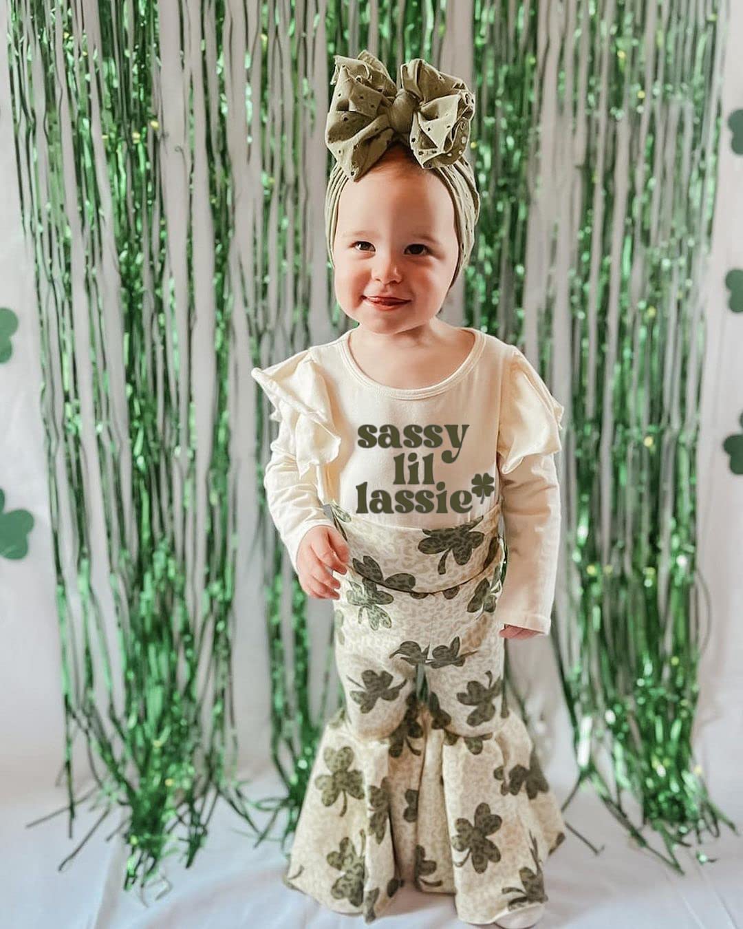St. Patricks Day Baby Girl Outfit Ruffle Long Sleeve Romper Shamrock Flared Pants Headband 3Pcs Clothes Set (Apricot, 0-6 Months)