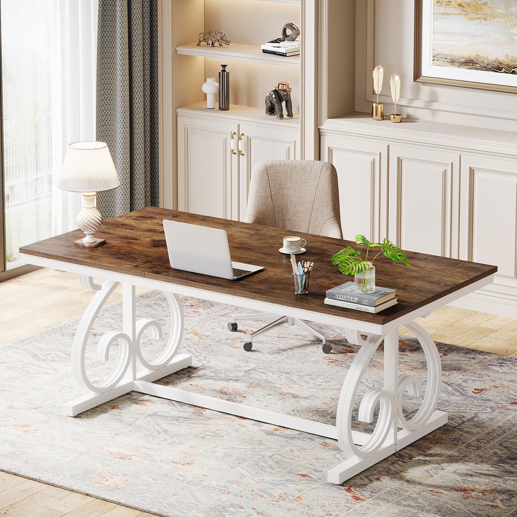 Tribesigns 63-Inch Executive Office Desk: Large Computer Desk with Metal Legs, Wood Modern Office Desk Writing Desk Workstation for Home Office, Brown + White