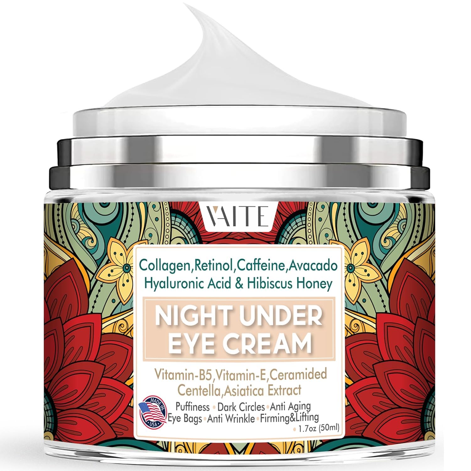 Under Eye Cream with Collagen, Retinol, Caffeine & Hyaluronic Acid – Night & Day Moisturizer for Puffiness, Dark Circles, Anti-Aging & Wrinkles – Enriched with Vitamin B5, E, Hibiscus & Avocado
