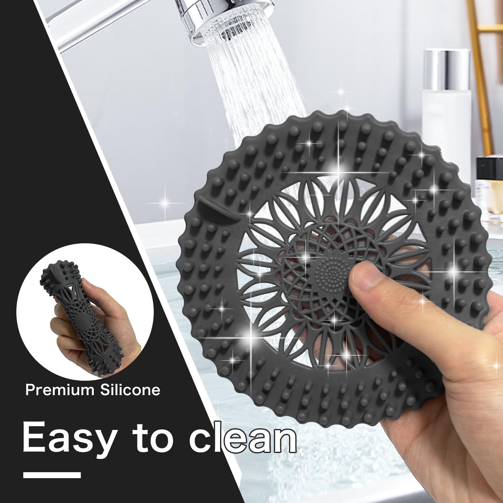 Shower Drain Cover Hair Catcher Shower Drain Hair Catcher, Silicone Hair Stopper for Bathtub Drain Bathroom Kitchen Sink, 4 Pack (Black)