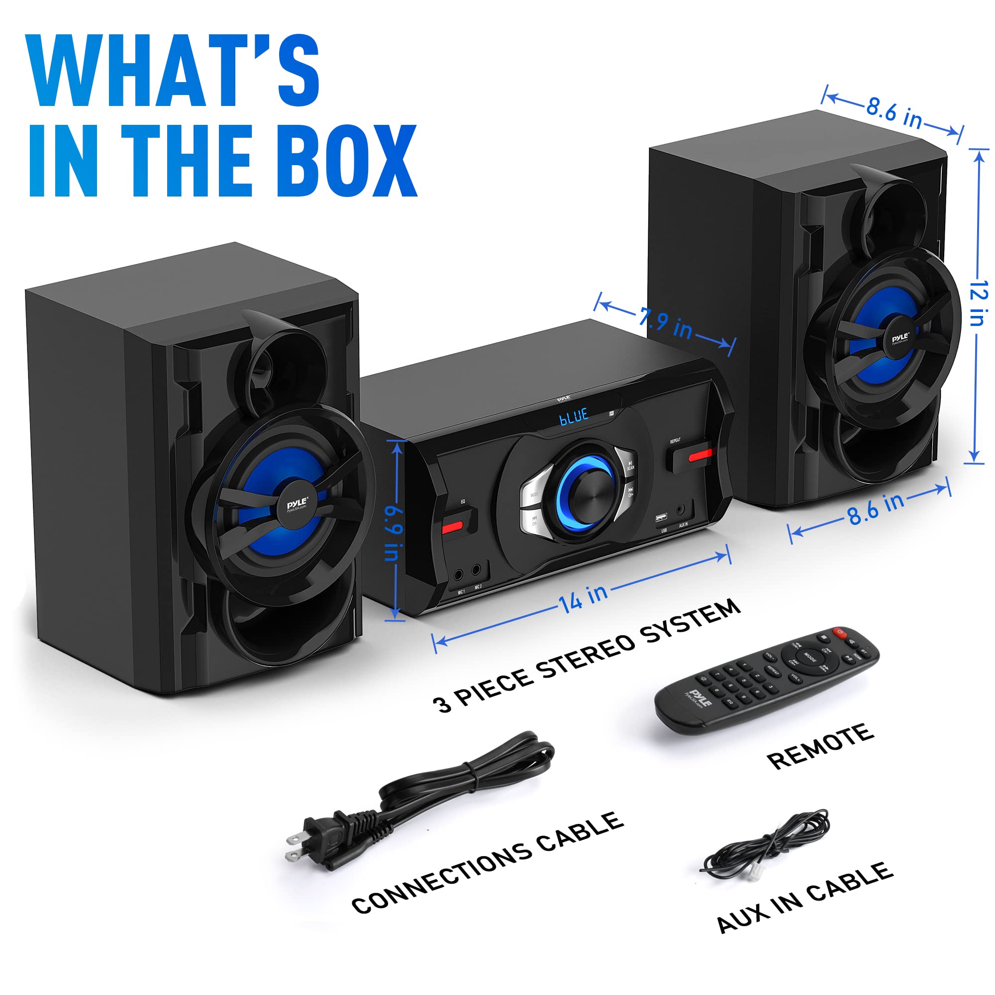 PyleUsa Wireless Bluetooth Stereo Boombox Radio Shelf Mini System - 500 Watt Max Power, Sleek Design for Home with MP3, USB, FM, Aux/2 mic Inputs, EQ, and Remote Control - PHSKR12