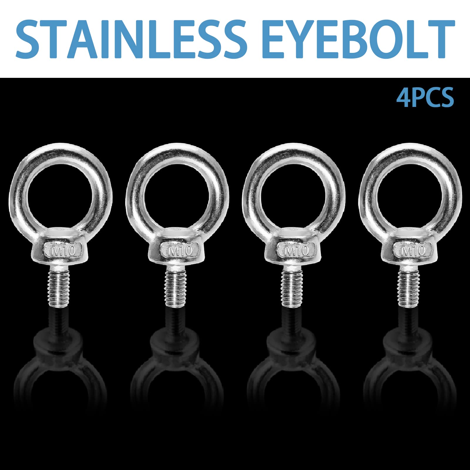 Suiwotin 4pcs M10 Eye Bolt, Stainless Steel Male Thread Machinery Shoulder Lifting Ring Eye Bolt, Heavy Duty Screw Eyebolt