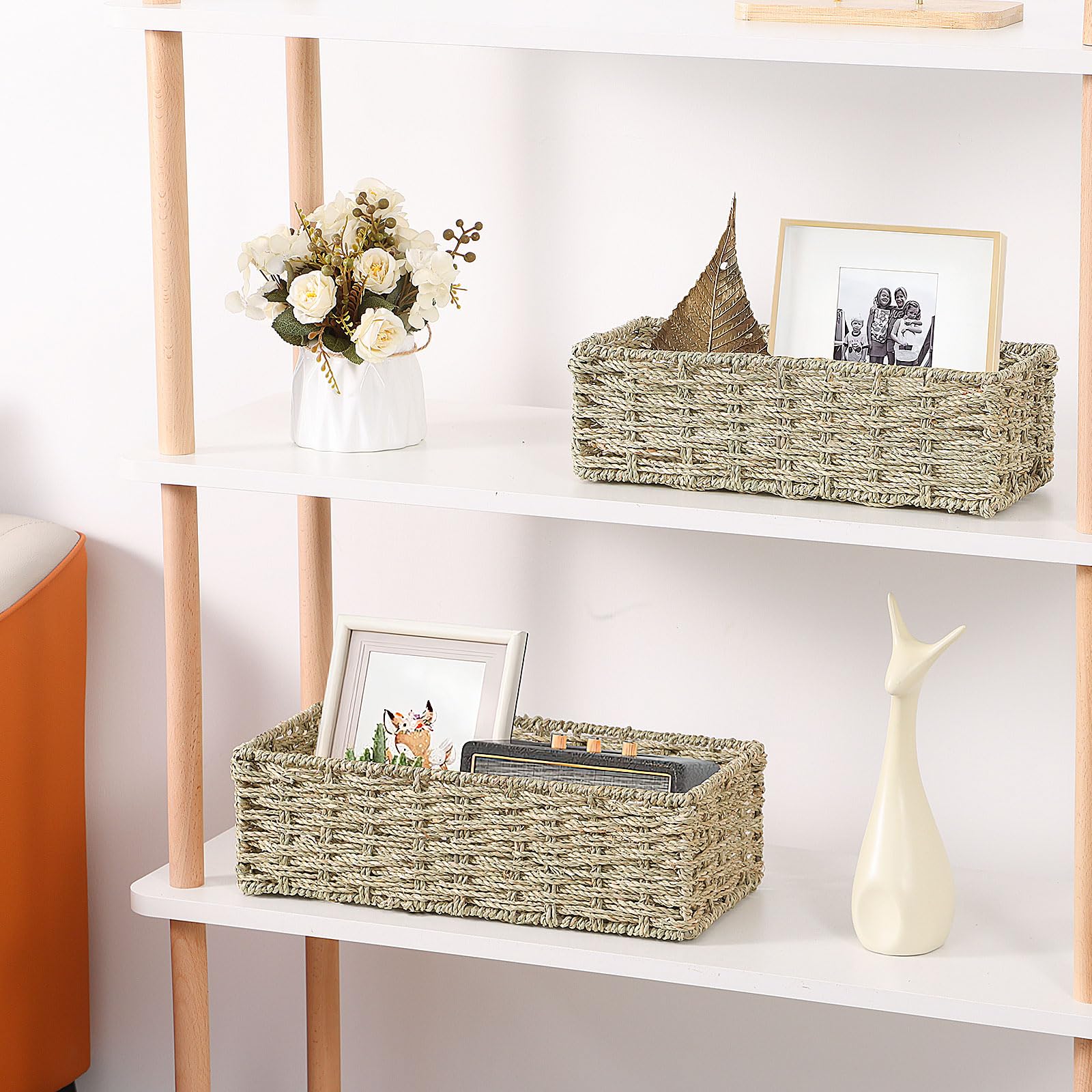 YheenLf Wicker Storage Baskets, Decorative Open Storage Bins for Shelves, Woven Baskets Storage Containers, Storage Box, Seagrass, Set of 2, 14.6 x 6.5 x 4.3 in