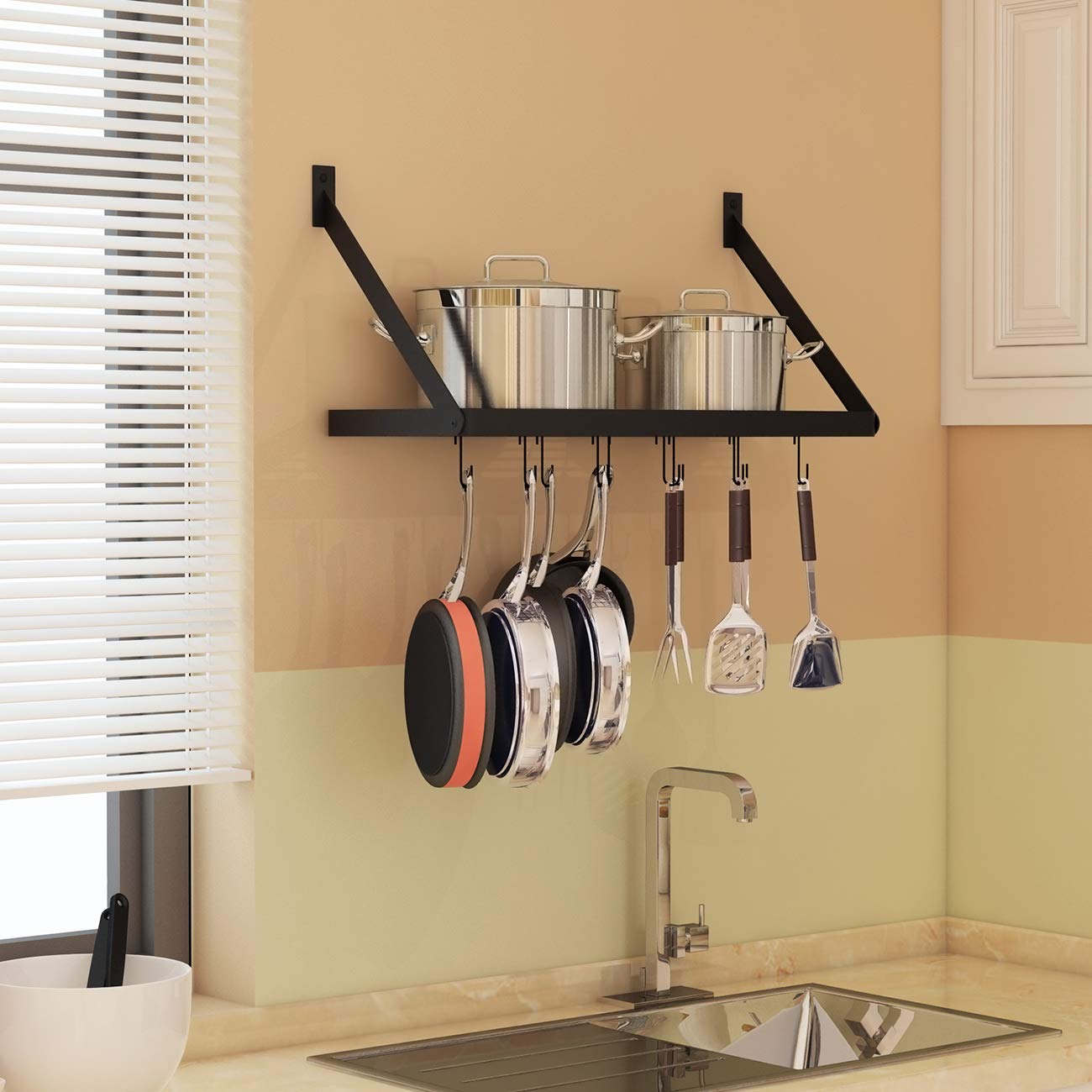 Miyili Pot Rack Square Grid Wall Mounted Kitchen Pot And Pan Organizer Shelf With 10 Hooks, 24 by 10-inch (Black), KR301B1
