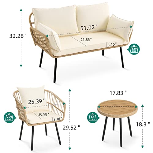 YITAHOME 4 Pieces Patio Furniture Set, Wicker Balcony Bistro Set, Outdoor All-Weather Rattan Conversation Set with Loveseat Chairs Table Soft Cushions for Backyard, Pool, Deck, Garden - Beige