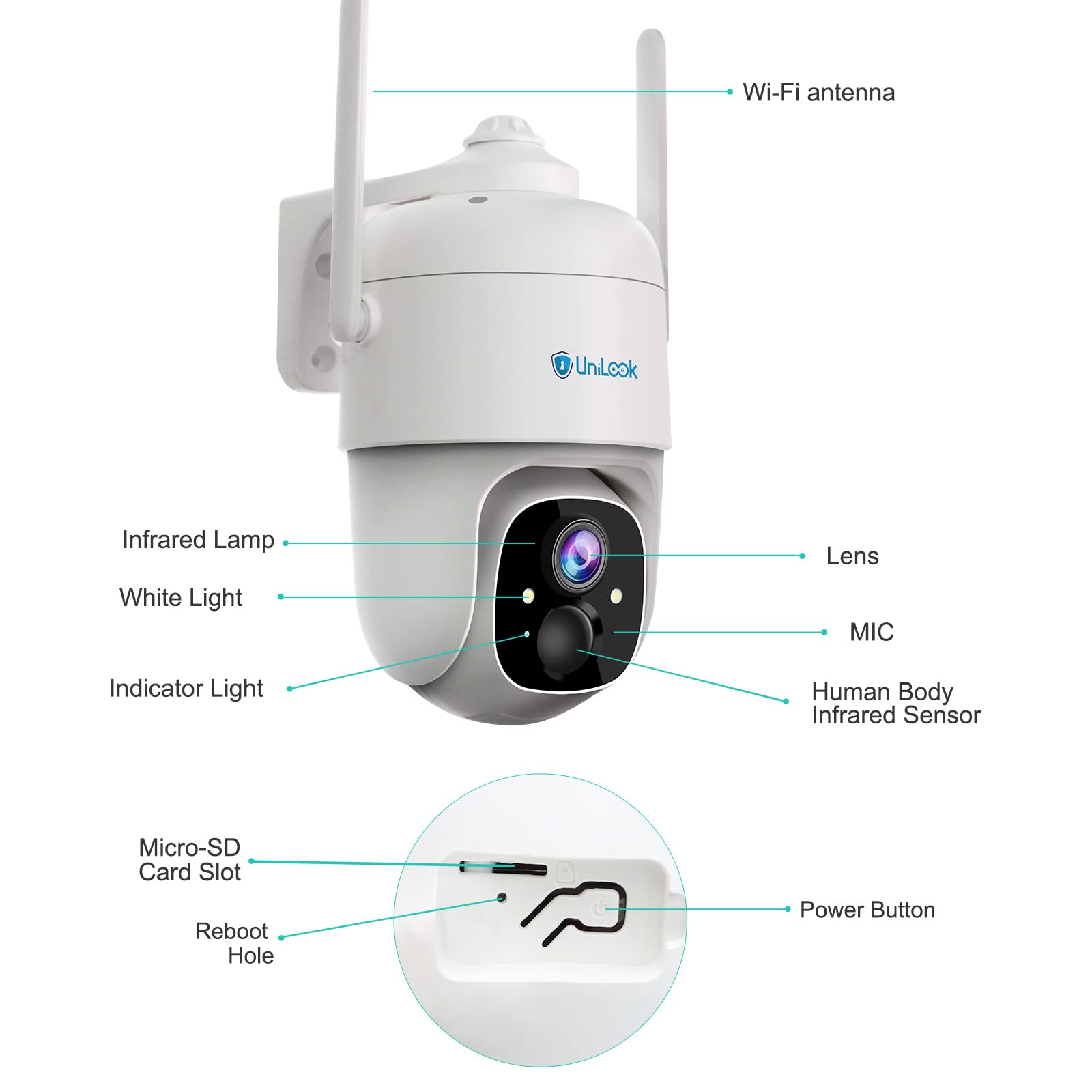 UNILOOK 2K Wireless Security Camera PTZ 360° Outdoor Solar Camera with 3MP Color Night Vision, AI Motion Detection IP66 Waterproof, 2-Way Talk, 2.4G WiFi, SD Storage,Whtie