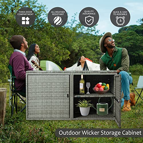 Outdoor 110 Gallon Rattan Deck Box, Wicker Patio Storage Cabinet Waterproof Storage Double Openable Door Cabinet Rattan Storage Deck Box with Lid and Separate Storage Shelf for Garden, Patio, Porch, Yard, can Store Cushions, Tools, Toys,Gray