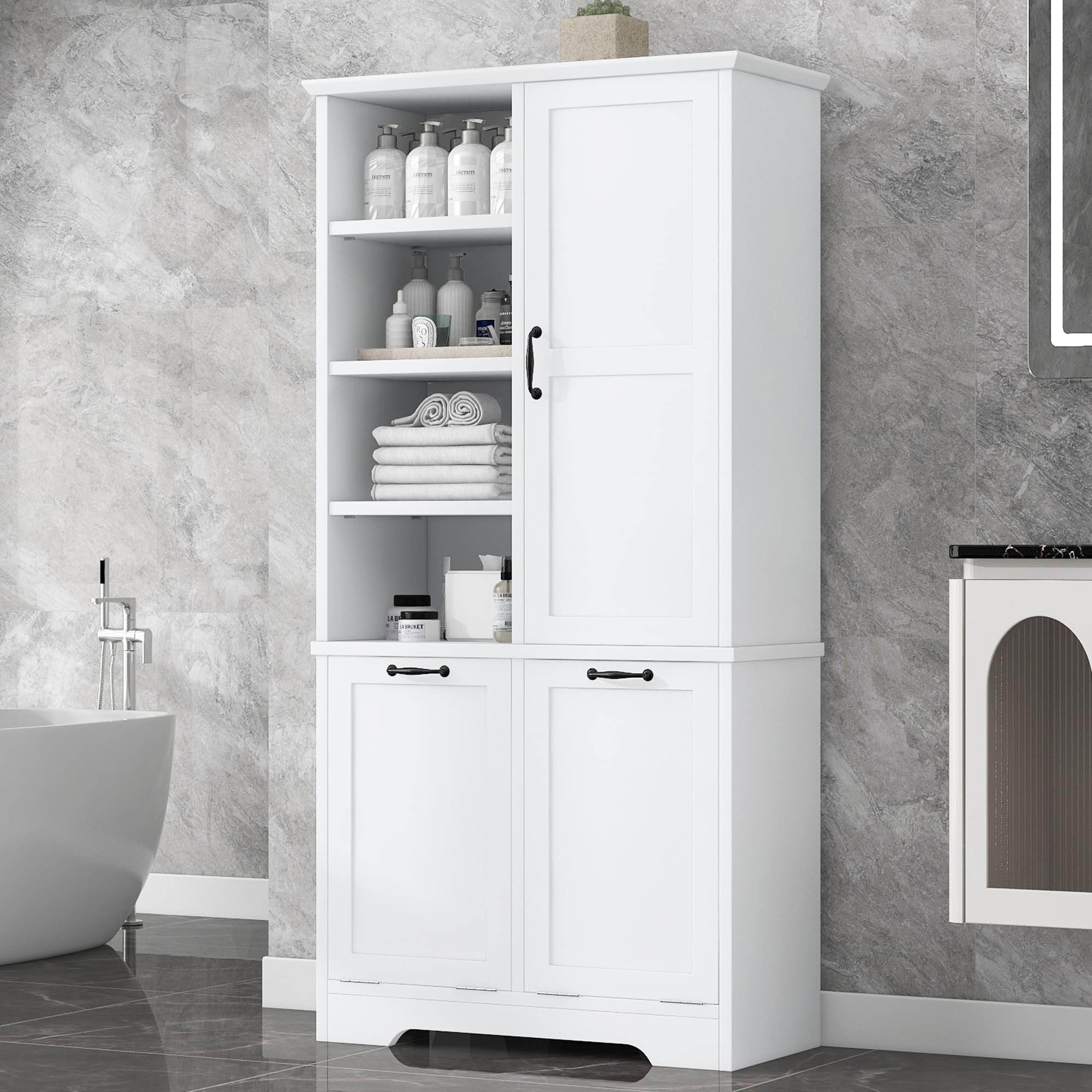 Virubi 68 in Tall Bathroom Laundry Cabinet with 2 Tilt Out Laundry Hamper, Wood Bathroom Storage Cabinet with Doors and Adjustable Shelves, Laundry Room Cabinets Freestanding Bathroom Storage (White)