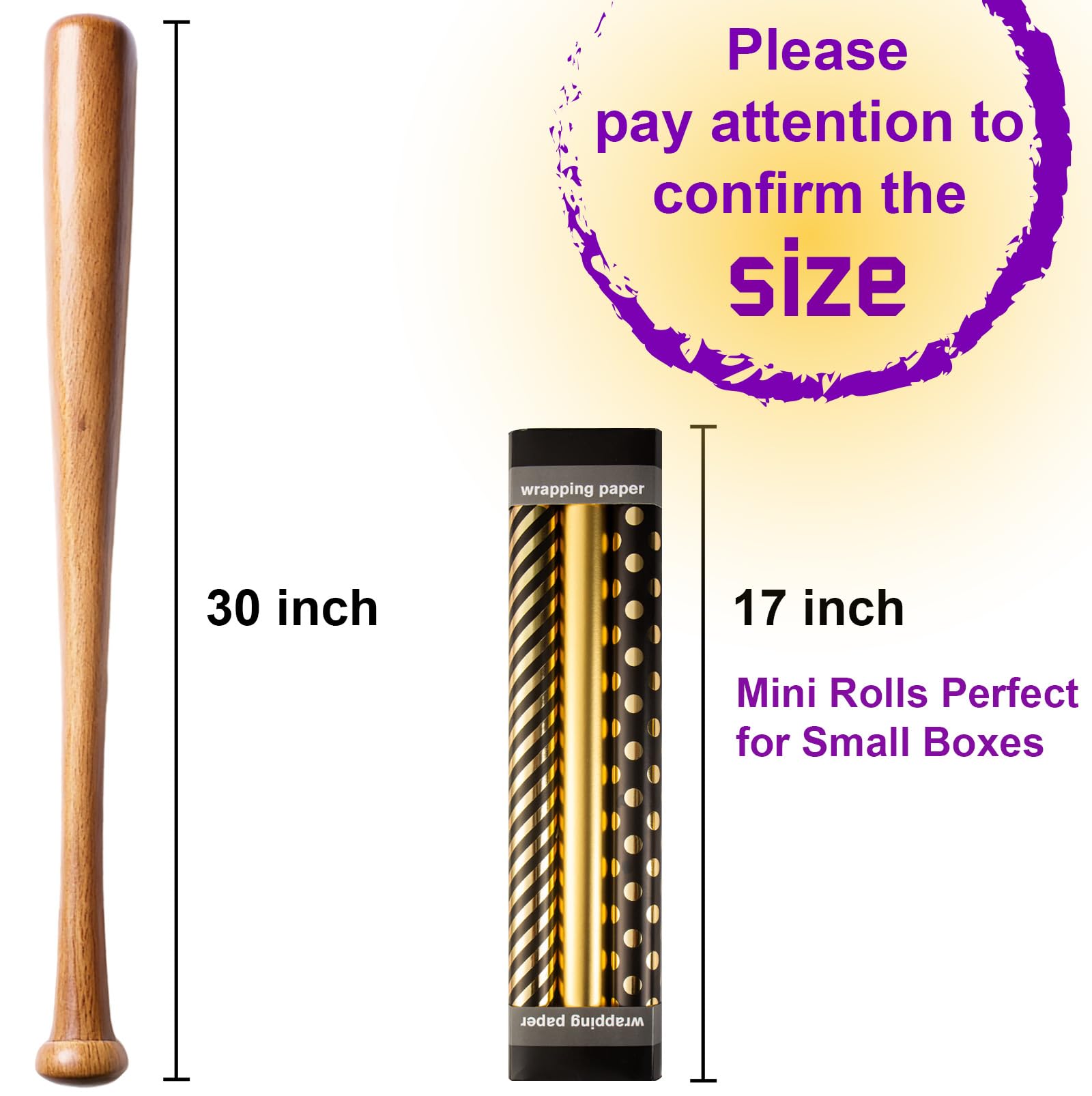 Retrify Wrapping Paper Roll - 3 Mini Rolls Black Gold Foil Polka Dots Stripes Gift Wrap Paper for Birthday, Christmas, Father's Day, All Occasions - 17 Inch x 120 Inch Per Roll
