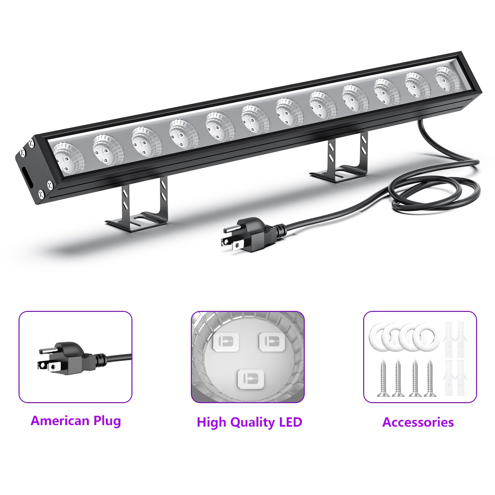 HWay 60W LED Black Lights Flood Light with Plug (6ft Cable) for Blacklight Party, Glow in Dark Party, DJ Disco Night Club, Body Paint, Fluorescent Poster (2Pack)