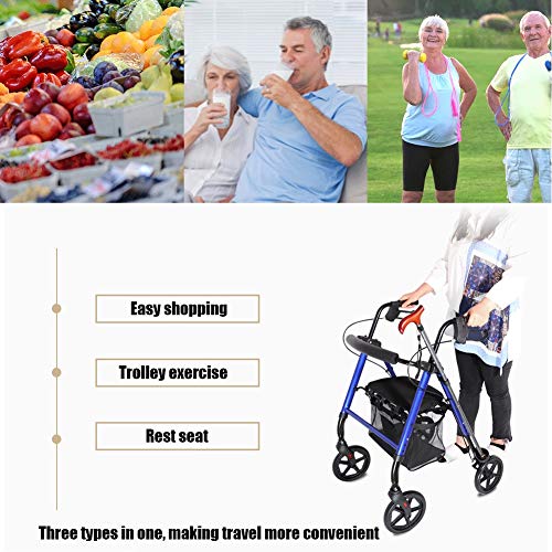 Steel Foldable Adult Transport Rollator Walker with 8” Wheels - Lightweight Walking and Mobility Aid with Seat and Pouch, Support up to 158kg/348lbs