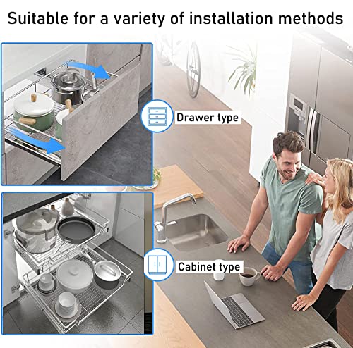 MYOYAY 2Pcs Pull Out Cabinet Organizer Bowls Dishes Storage Shelf Extendable Sliding Kitchen Drawer Heavy Duty Seasoning Cutlery Cookware Storing Basket Home Dining Organization