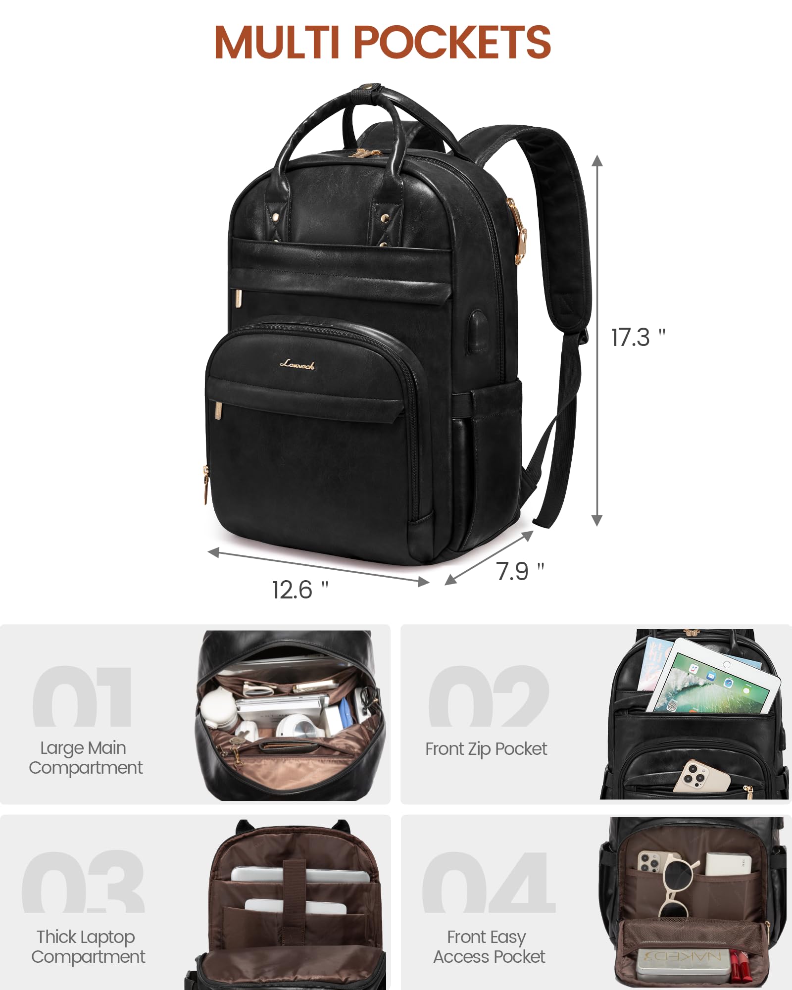 LOVEVOOK Leather Backpack for Women 15.6 Inch, Vintage Laptop Backpack with USB, Spacious Work Backpack Fits Business Office Travel College Black