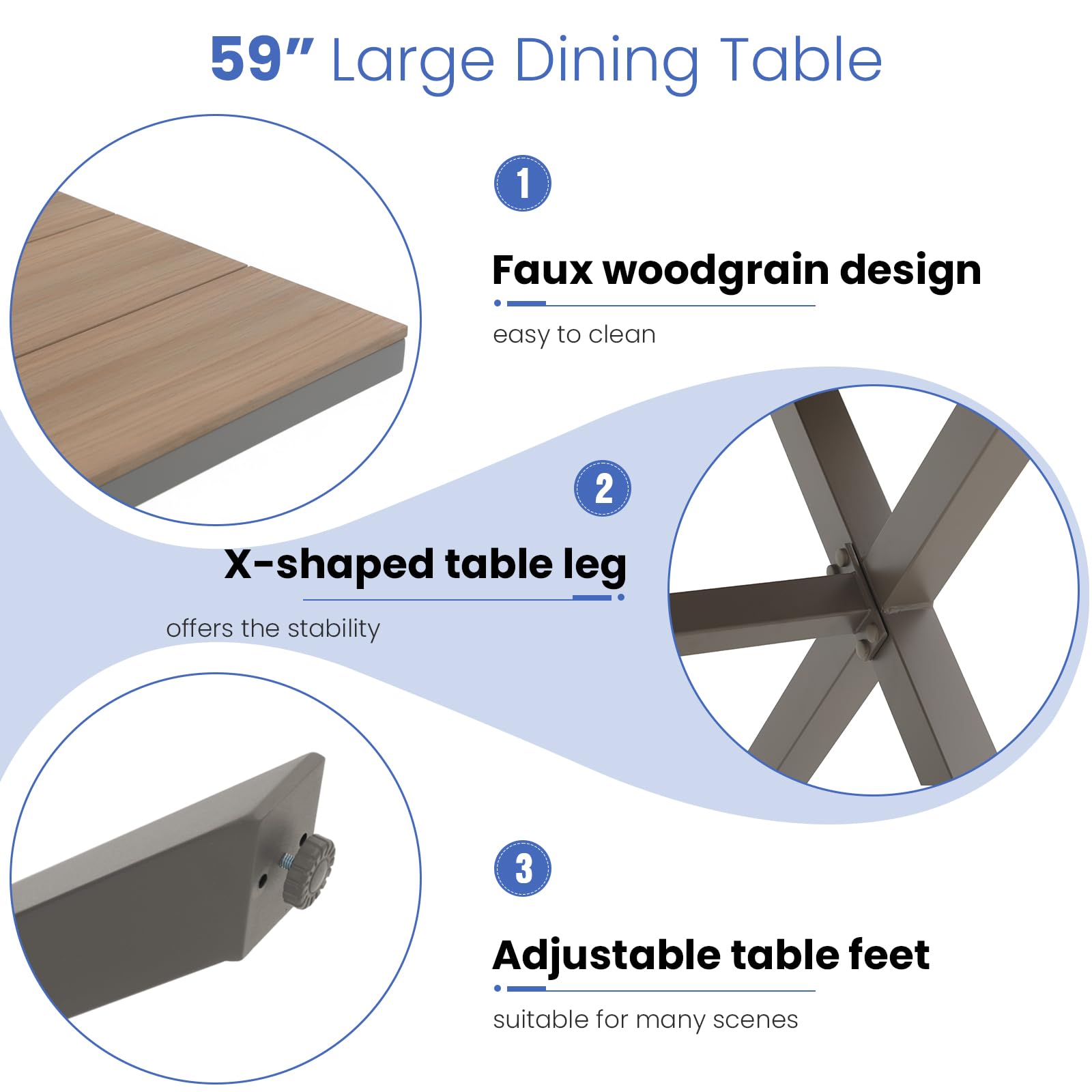 SUNSITT 7 Piece Outdoor Dining Set for 6, Aluminum Patio Dining Furniture Set with 59” Rectangle Dining Table & 6 Stackable Patio Chairs, Outdoor Table and Chairs w/Faux Wood Grain, Teak Wood Color