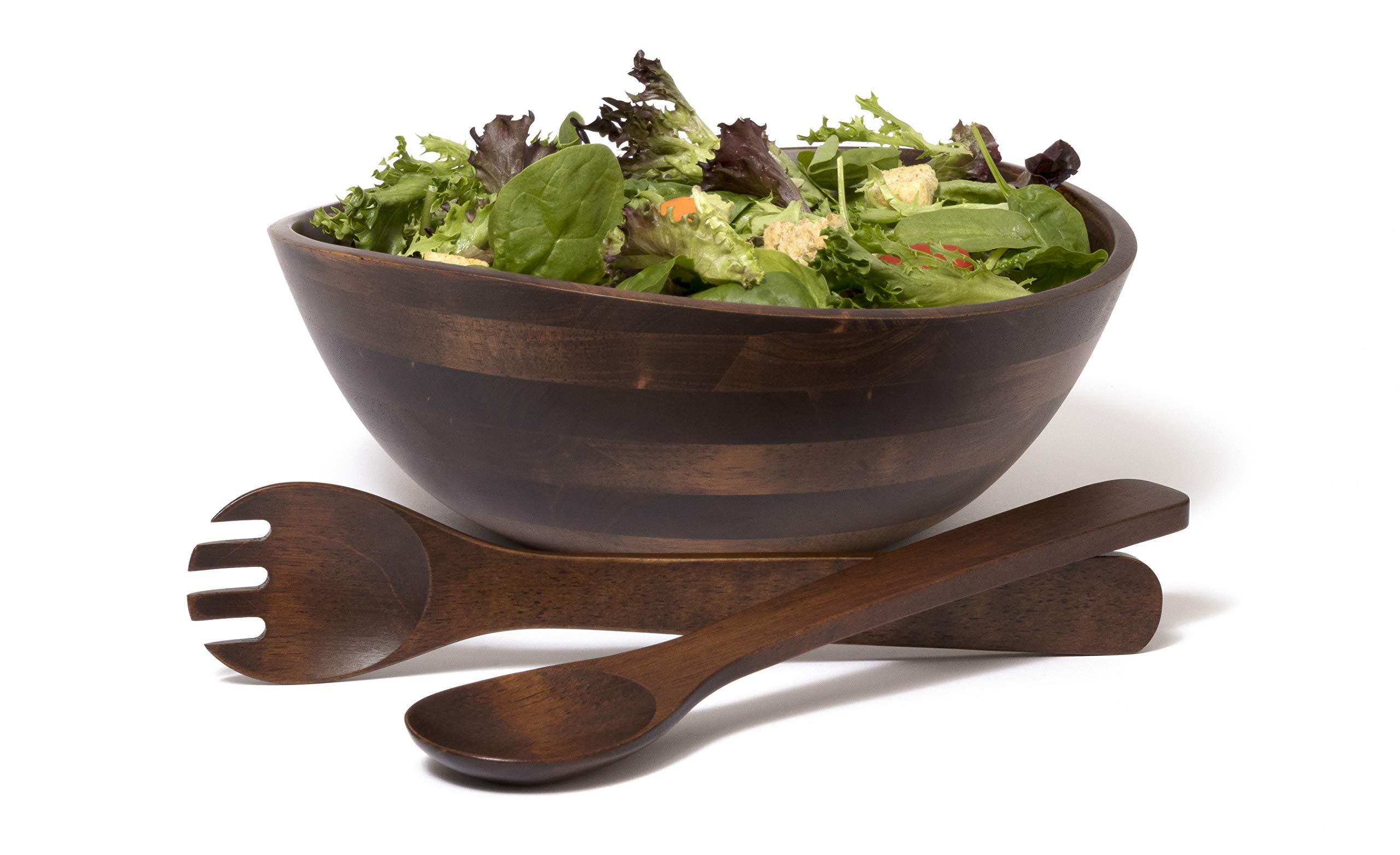Lipper International Walnut Matte Bowl w/Wavy Rim 13" with Pair of 12" Salad Servers
