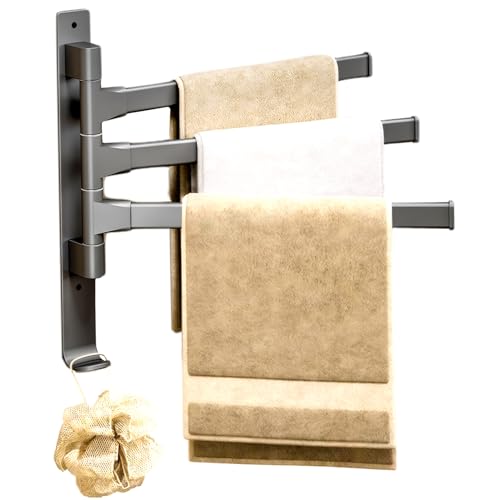 Swivel Towel Rack, 12" 3-Arm Wall Mounted Towel Rack, 180 Degree Swing Out Bathroom Towel Rack for Multiple Towels, Anti-Slip Towel Bar with Hook for Bathroom, Kitchen, Wall(Gun-Grey)