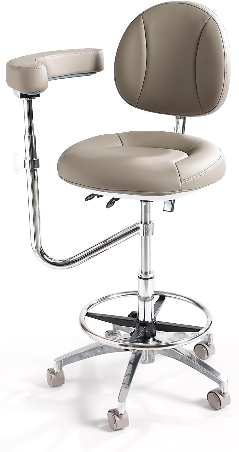 Viviange Ergonomic Dental Saddle Stool - Adjustable Rolling Dentist Chair with Back Support for Hygienists, Assistants - Medical Office & Salon Use -Grey