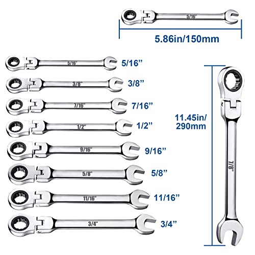 TR TOOLROCK 8pcs Flex-Head Ratcheting Wrench Set, SAE Ratcheting Combination Wrenches, Chrome Vanadium Steel, 72-Teeth Construction with Organizer Bag, 5/16" 3/8" 7/16" 1/2" 9/16" 5/8" 11/16" 3/4"
