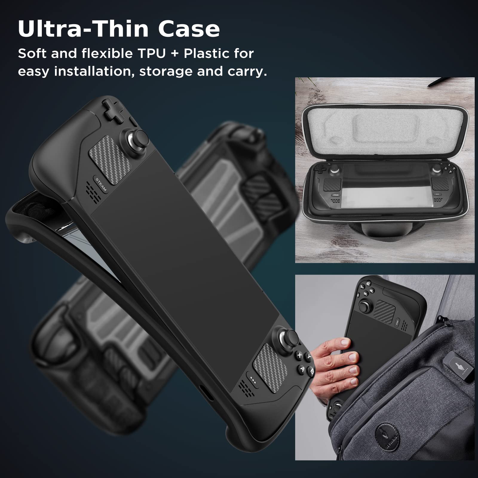 Qupite Steam Deck Case with Adjustable Kickstand 2 Screen Protectors, TPU + PC Steam Deck Cover with Stand, Shockproof Protector Case for Steam Deck Non-Slip Anti-Scratch Steam Deck Accessories