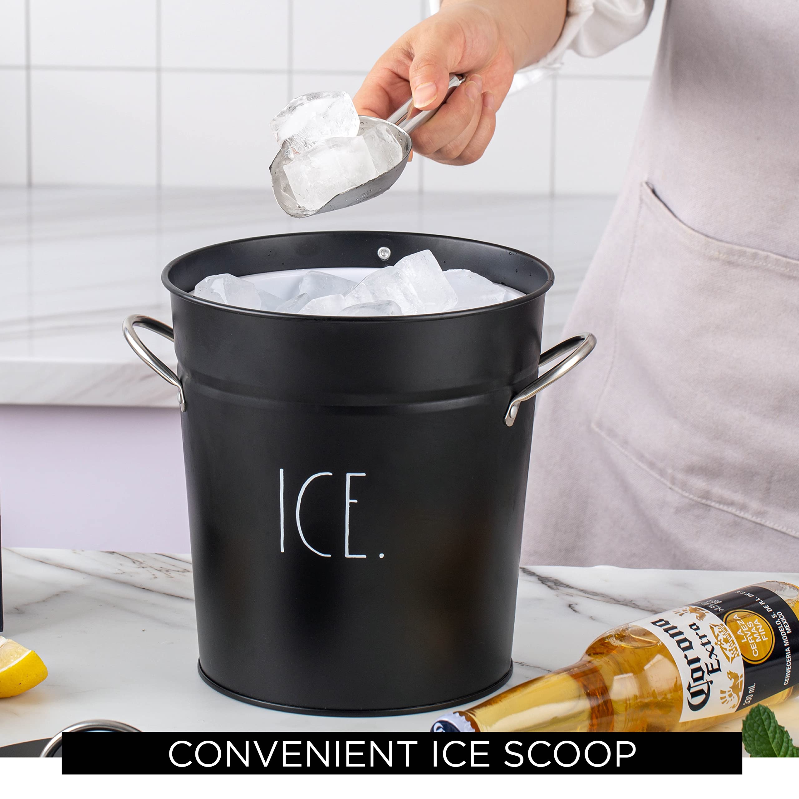 Rae Dunn Ice Bucket with Scoop - Stainless Steel Bucket with Handle, Lid and Ice Scooper - 4 Qt. Storage Bin for Ice Cubes for Bars, Parties, Backyard Barbeques, Picnics, and Camping (White)
