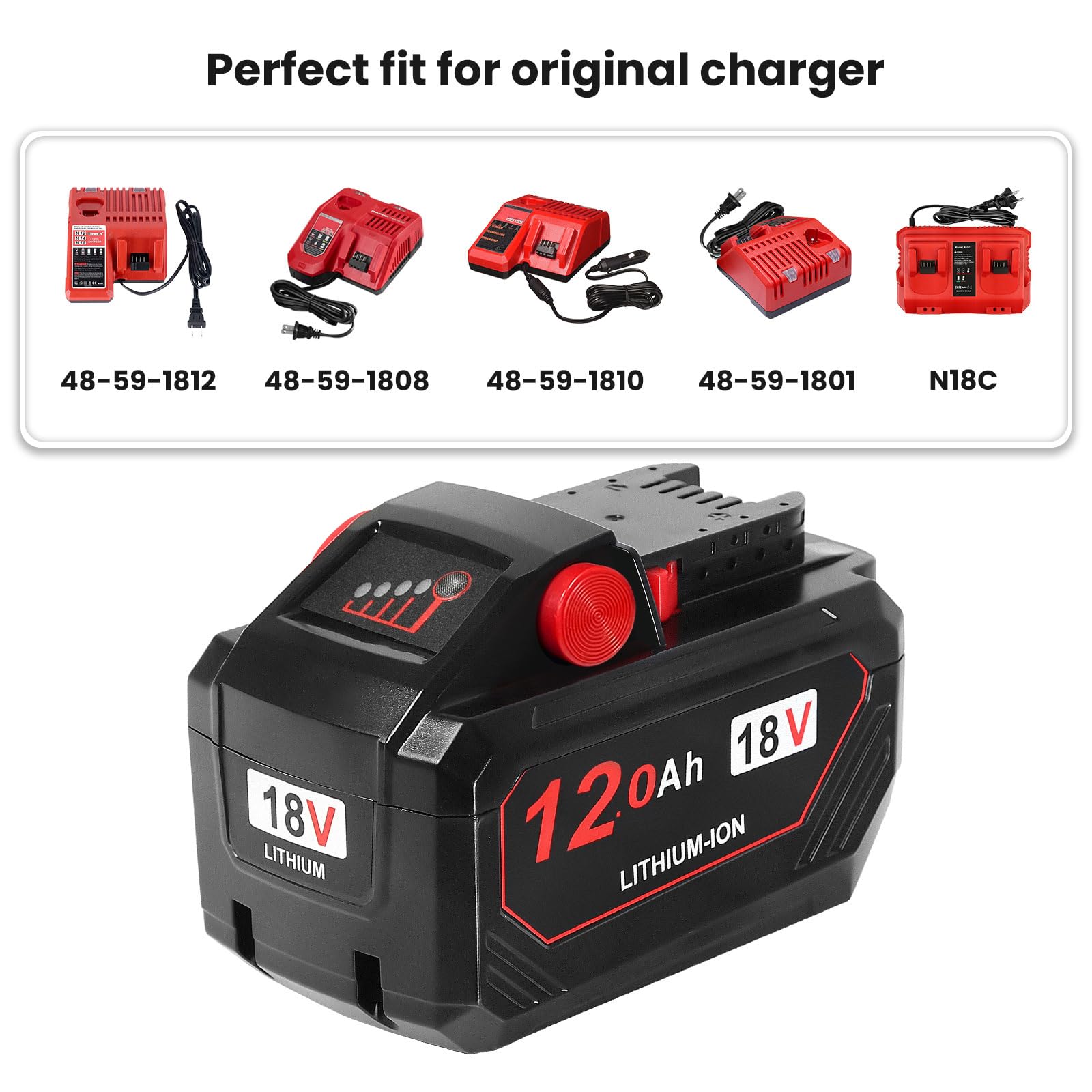 Lomrige 18V Battery Replacement for Milwaukee M18 Battery 12.0Ah 48-11-1850 48-11-1840 48-11-1815 48-11-1820 48-11-1852 48-11-1828 48-11-1822 Cordless Power Tool