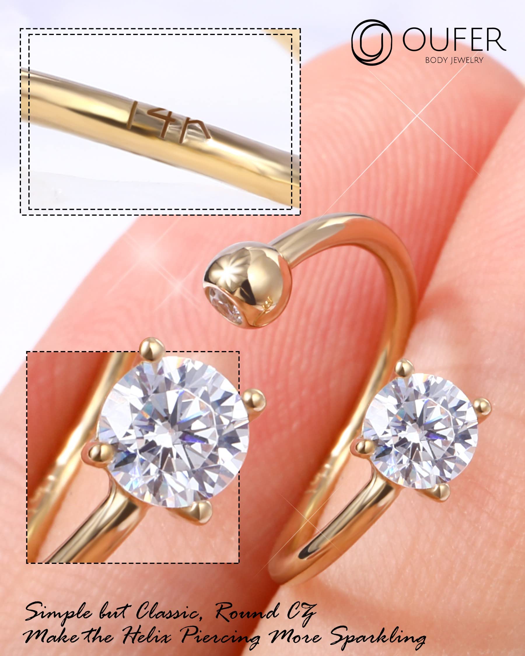 OUFER 16G Twist Helix Earring, 14K Solid Gold Round Shaped Clear CZ Twist Lip Ring, Labret Conch Rook Upper Lobe Piercing Jewelry For Women And Men
