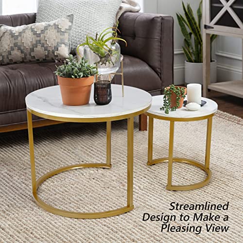 SMOOL Modern Nesting Coffee Table Set of 2 for Living Room Balcony Office, Round Wood Accent Side Coffee Tables with Sturdy Metal Frame, Easy Assembly(Marble)