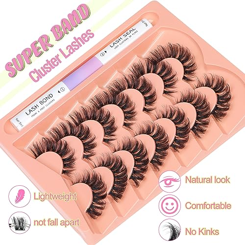Lvmixwig Eyelash Extension Kit Cluster Lashes Extension Kit with Lash Bond and Seal Strong Hold D Curl Lash Cluster Fluffy Cat Eye Natural Look Individual Lashes Extension Kit DIY at Home