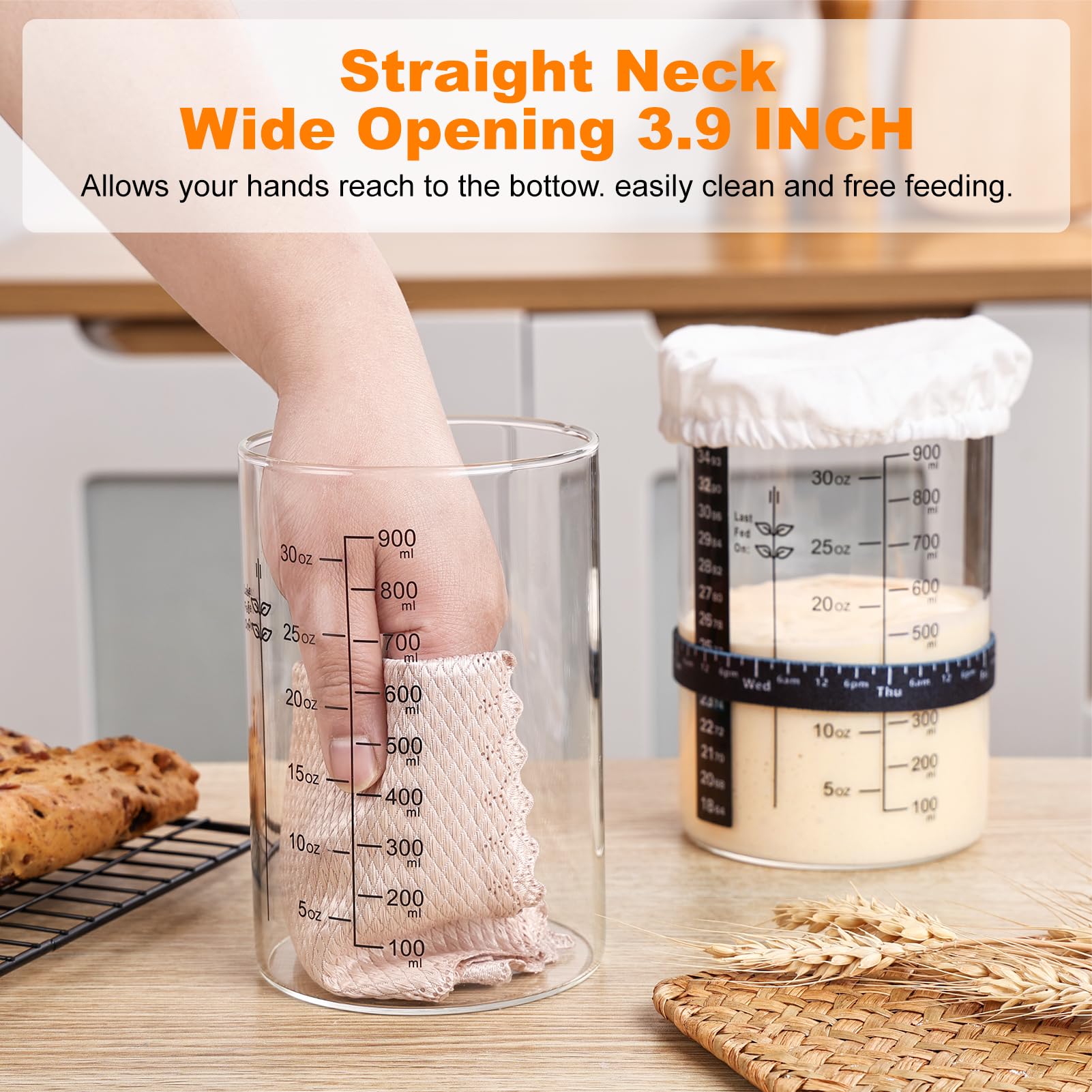Sourdough Starter Jar 2PACK | Wide Mouth 35oz with Ounce&ML Scale line,Date Marked Feeding Band,Thermometer,Sourdough Jar Scraper,Cloth Cover & Stainless Steel Lid,Measuring Spoons,Complete Kit